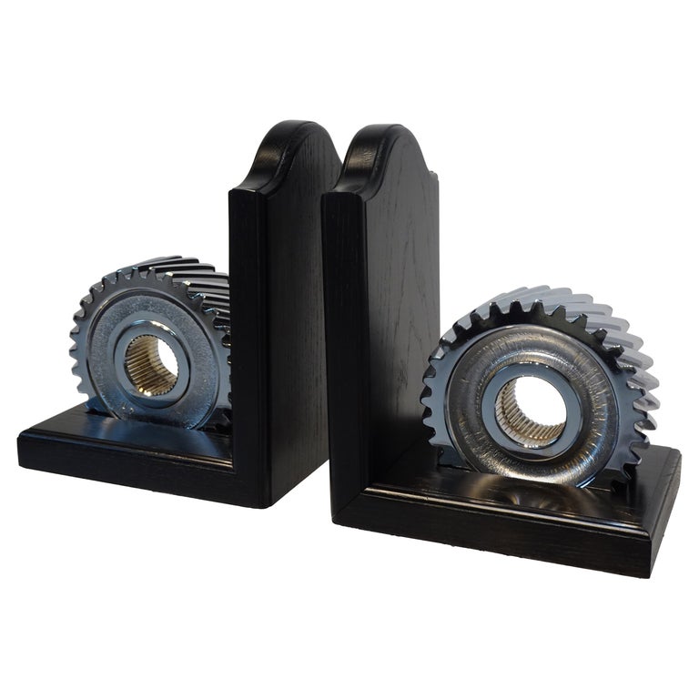 Chromed Industrial Gear / Wood Bookends For Sale at 1stDibs