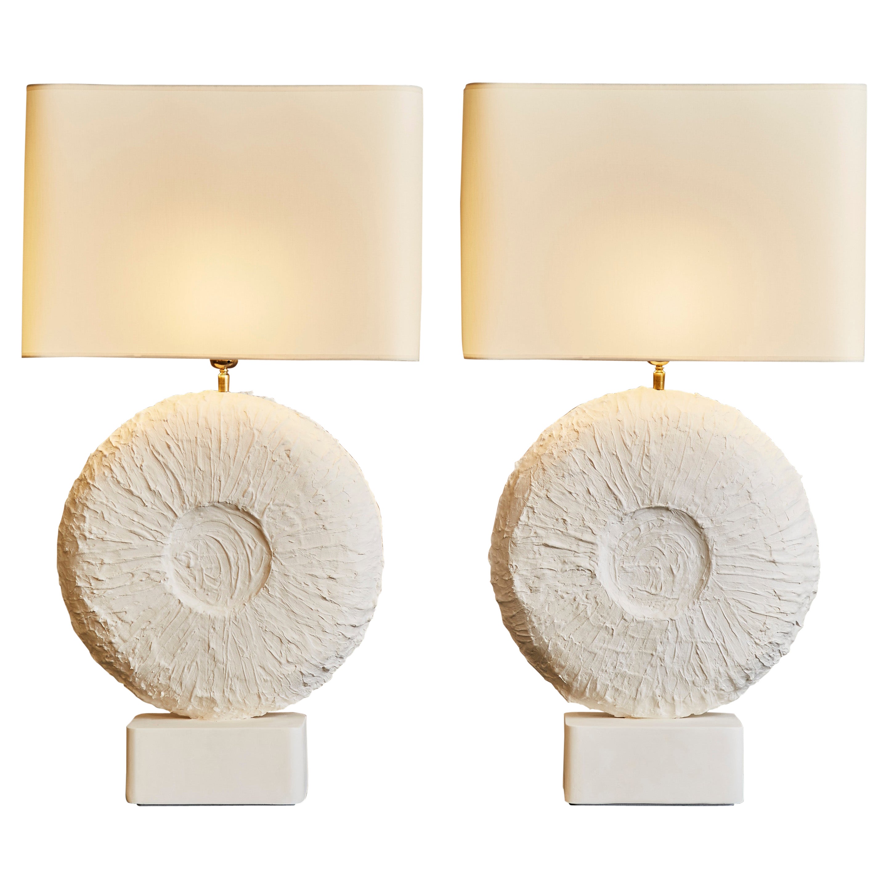 Custom Pair of Textured Circular Plaster Lamps For Sale at 1stDibs