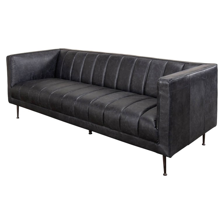 Mid Century Leather Channeled Sofa For Sale at 1stDibs