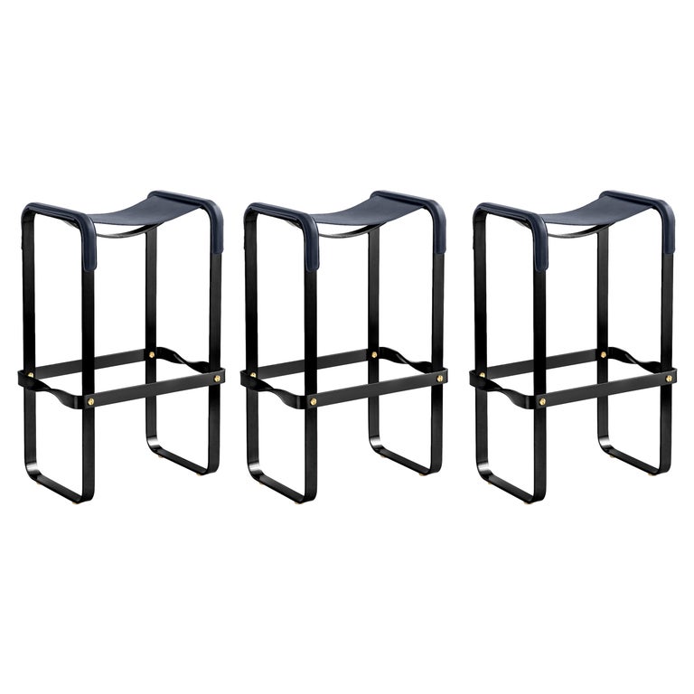 Set of 3 Contemporary Modern Bar Stool Black Smoke Metal and Navy Blue ...