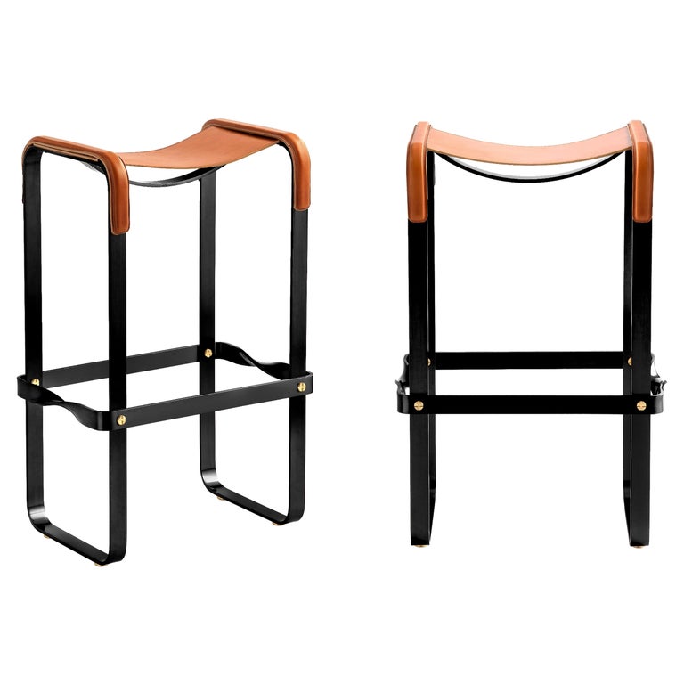 Pair Contemporary Bar Stool Black Smoke Metal and Natural Tobacco ...