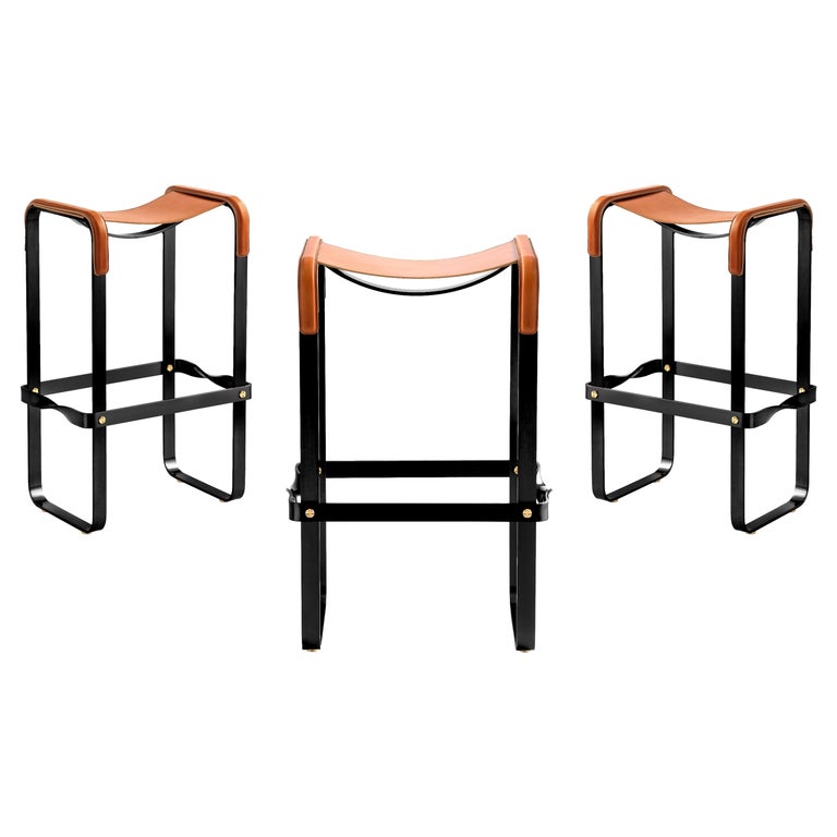Set of 3 Contemporary Bar Stool Black Smoke Metal and Natural Tobacco ...