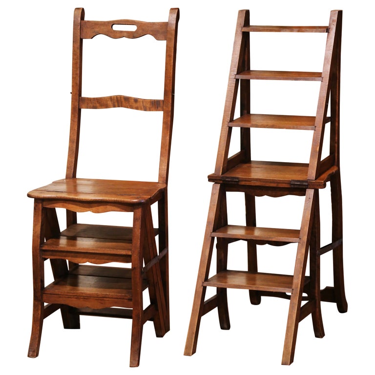 19th Century French Carved Walnut Step Ladder Folding Chair at 1stDibs