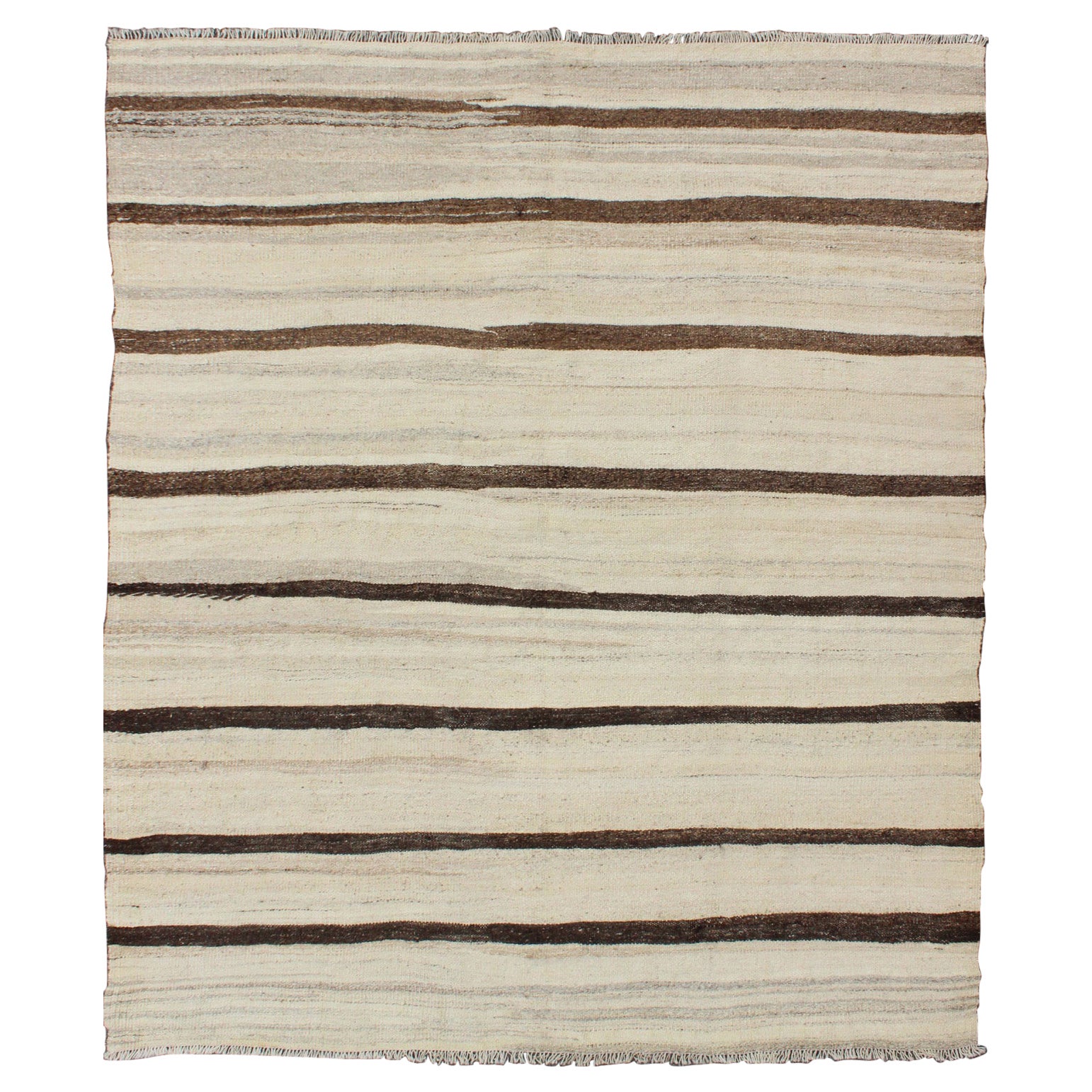 Turkish Vintage Kilim Flat-Weave Rug in Brown and Cream with Stripe ...