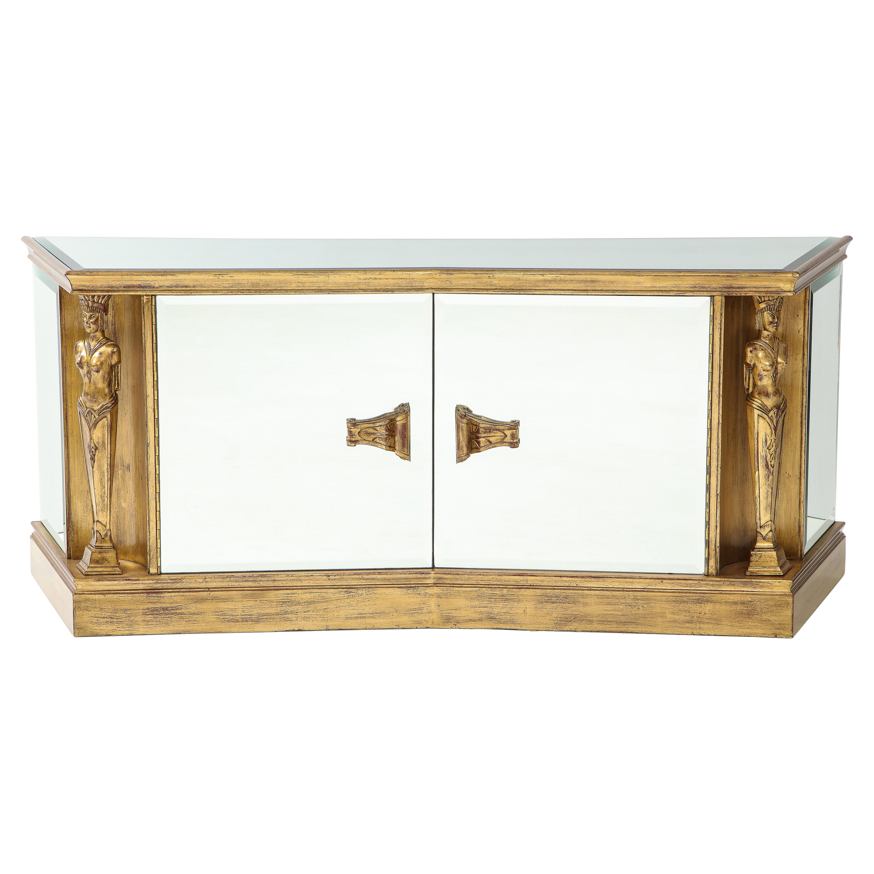 Glamorous Mirrored Cabinet with Caryatids by James Mont For Sale at 1stDibs