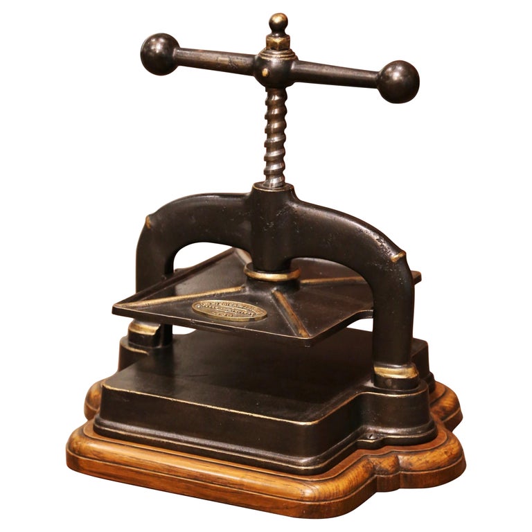 Mid-19th Century French Wrought Iron Book Binding Press on Oak Stand ...