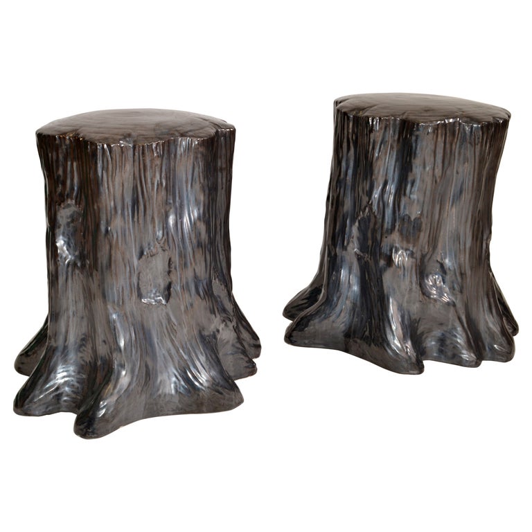 Hollywood Regency Style Outdoor Silver Ceramic Side Table Tree Stump ...