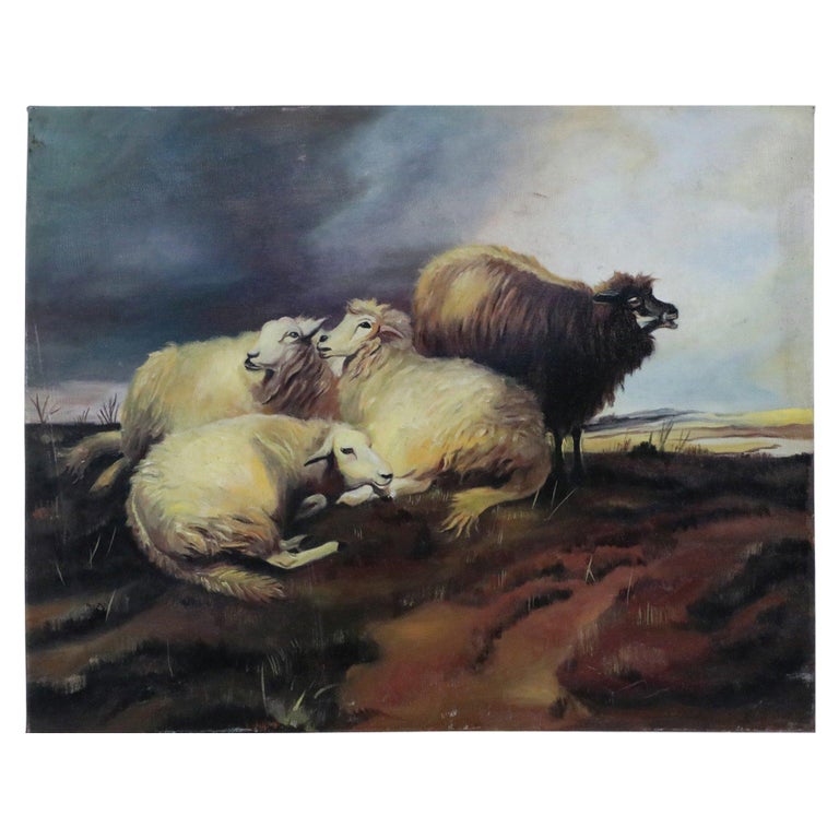 Group of Sheep in Field Oil Painting on Canvas For Sale at 1stDibs