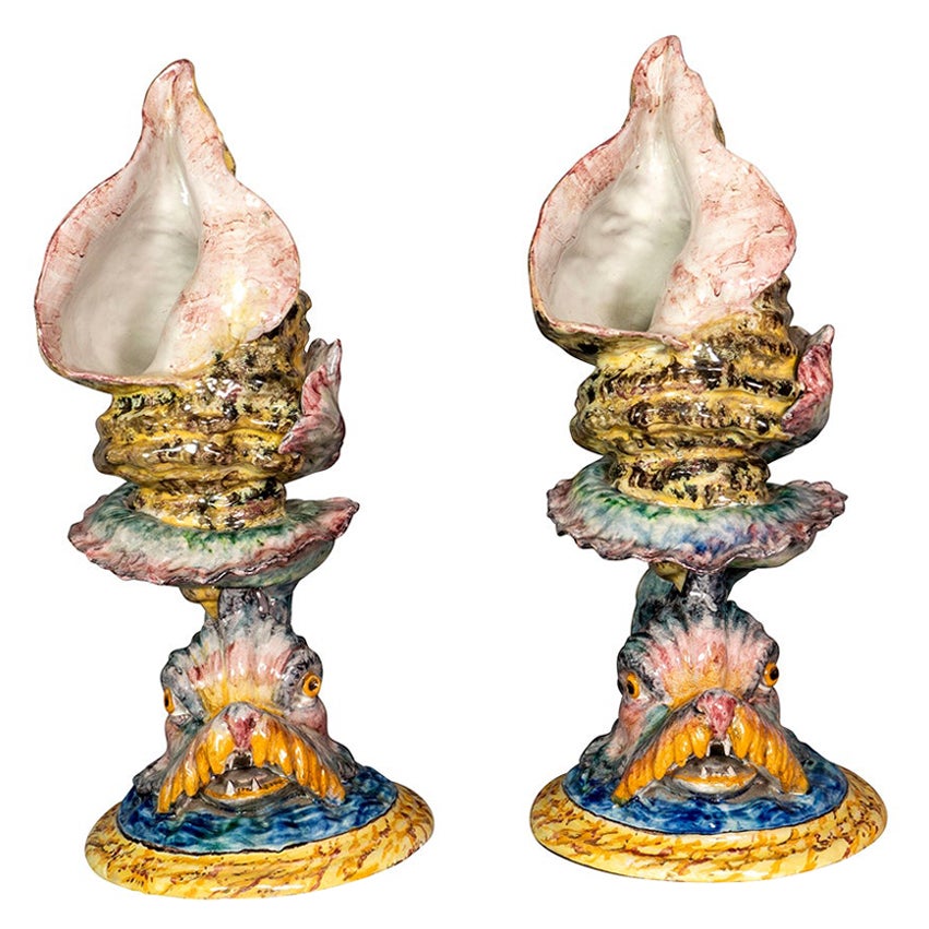 Pair of Italian Majolica Conch/Dolphin Vases For Sale at 1stDibs