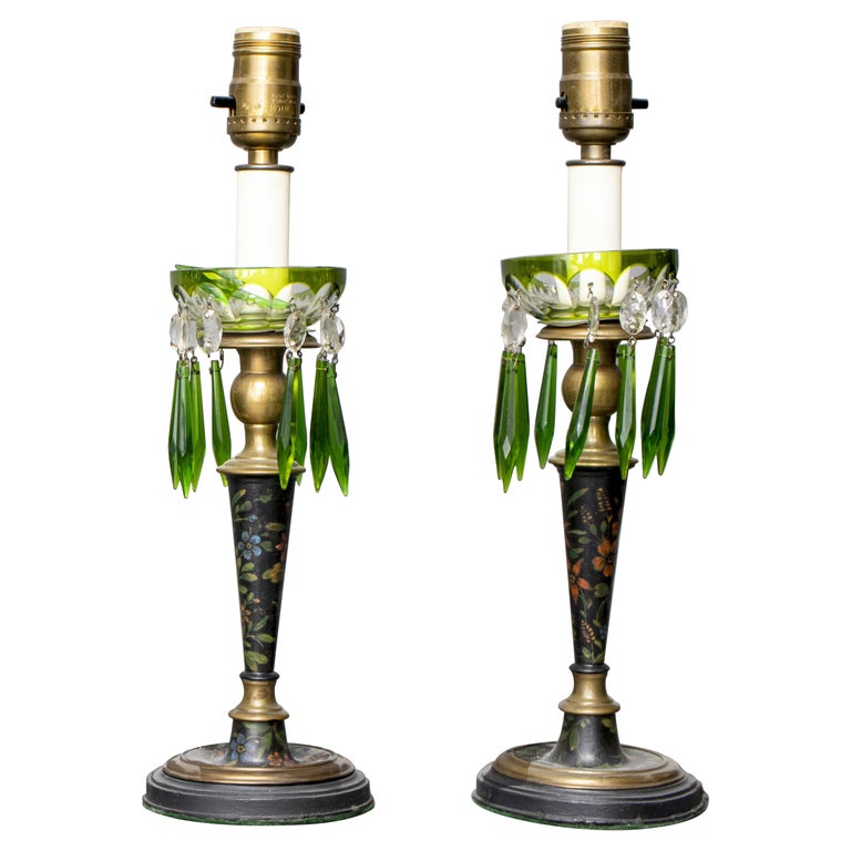 English Painted Green Glass Luster Lamps For Sale at 1stDibs