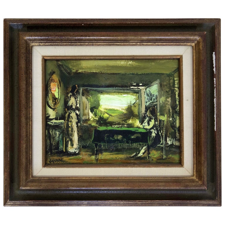 Mid-Century Modern Framed Verner Signed Oil Painting on Wood at 1stDibs