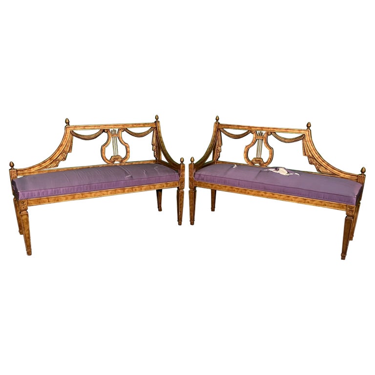 Hollywood Regency Lyre Back Carved Benches, a Pair at 1stDibs