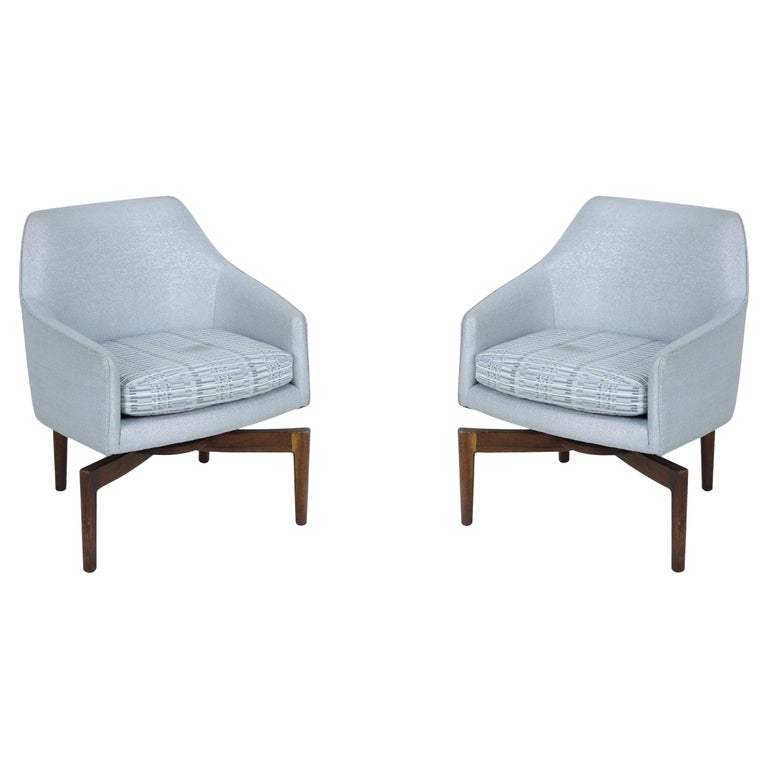 Pair of Mid-Century-Style Silver Metallic Upholstered Swivel Armchairs ...