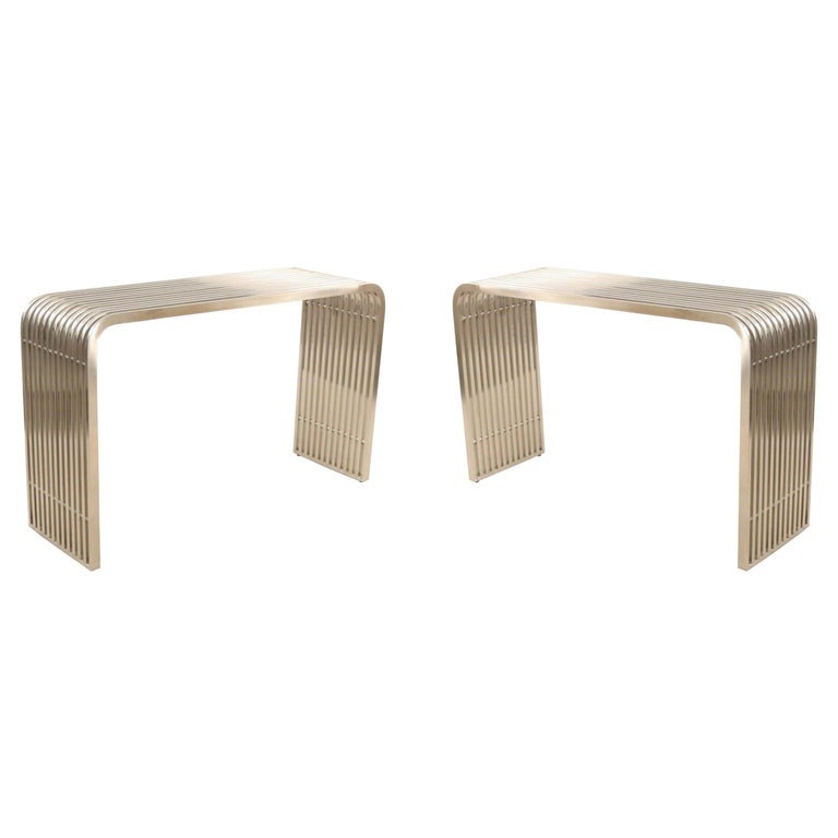 Pair of Contemporary Silver Metal Curved Metal Slat Console Tables For ...