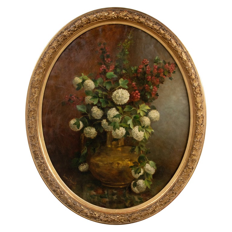 Early 20th Century Oval Oil Painting Flower Still Life by Jeanne ...