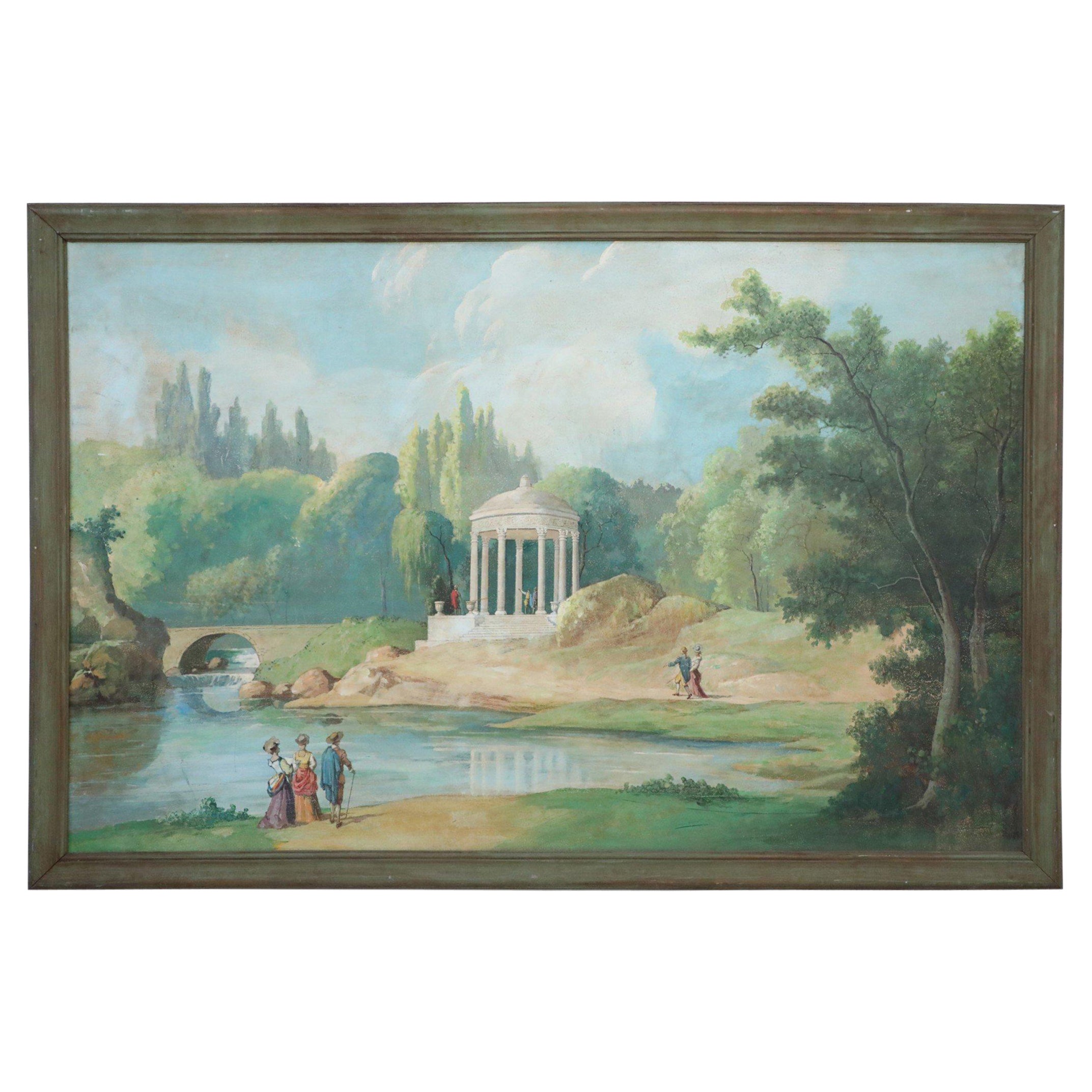 Neoclassical Landscape Painting with Floral and Mermaid Ornamentation ...
