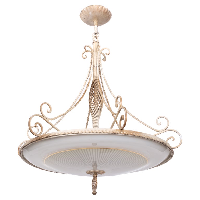 Large Wrought Iron Glass France Chandelier 1950s For Sale at 1stDibs