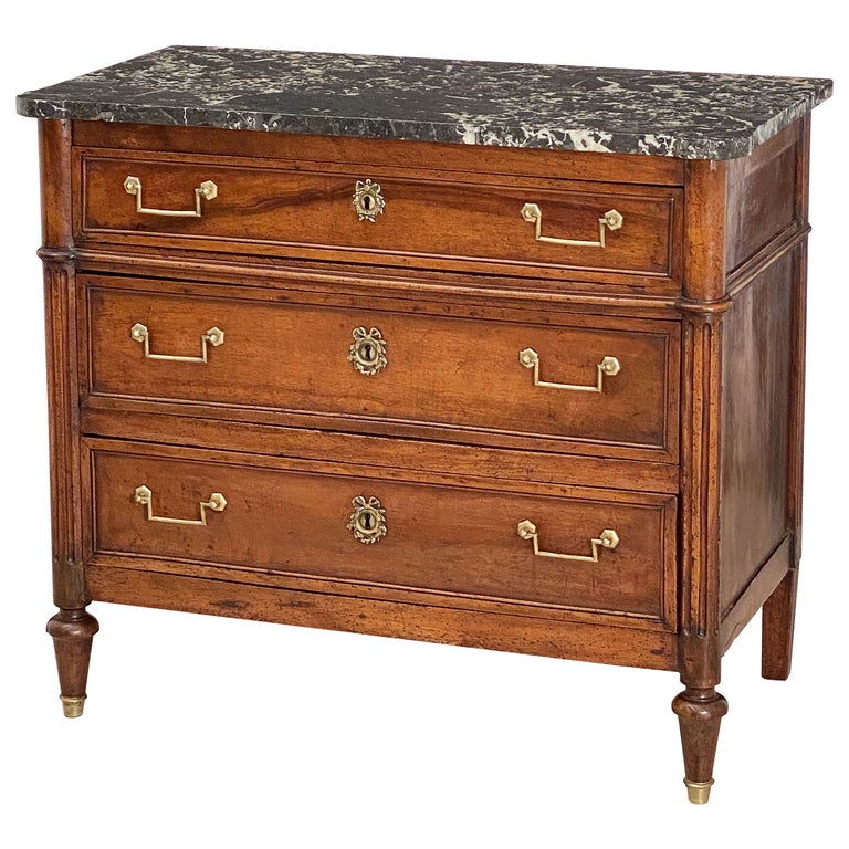 French Small Chest or Commode of Walnut with Marble Top at 1stDibs