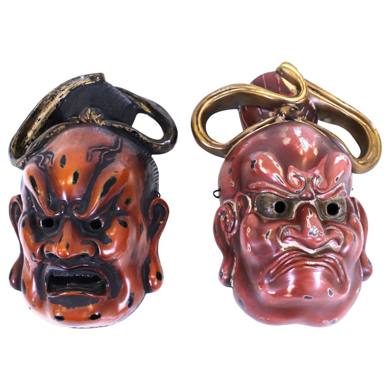 Japanese Nio Buddhist Temple Guardian Masks in Carved lacquered Wood ...