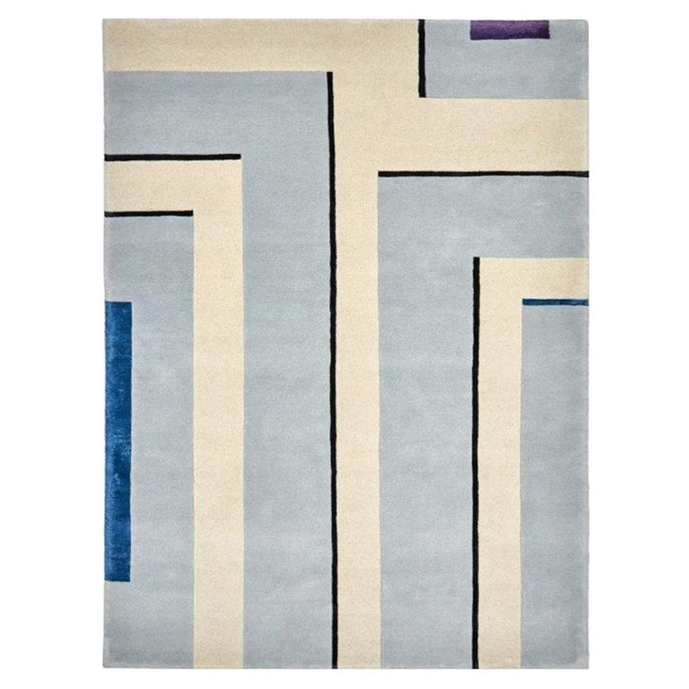 Rug Wool Modern Hand Knotted Neutral Grey Blue violet with black Lines ...