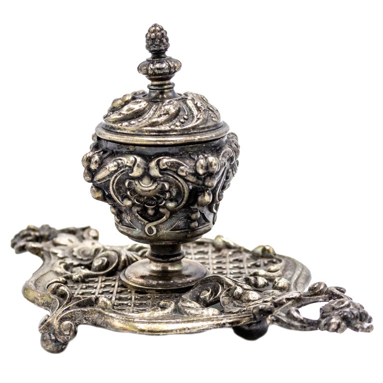 French Louis XV Silver and Bronze Inkwell For Sale at 1stDibs