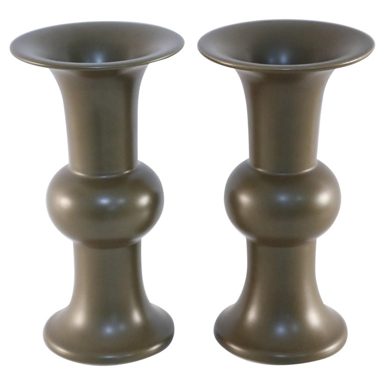 Pair of Chinese Olive Porcelain Beaker Vases For Sale at 1stDibs