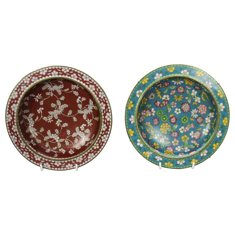 Pair of Chinese Cloisonne Enamel Bronze Dished Plates For Sale at 1stDibs