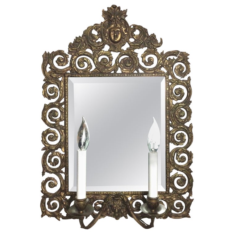 French Wall Mirror Brass Double Light Scones For Sale at 1stDibs