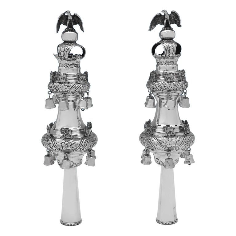 Antique Pair of Sterling Silver Rimonim, London 1916 Morris Salkind For ...