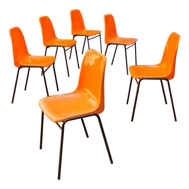 French Mid-Century Modern Stackable Orange Plastic Chairs, 1970s For ...