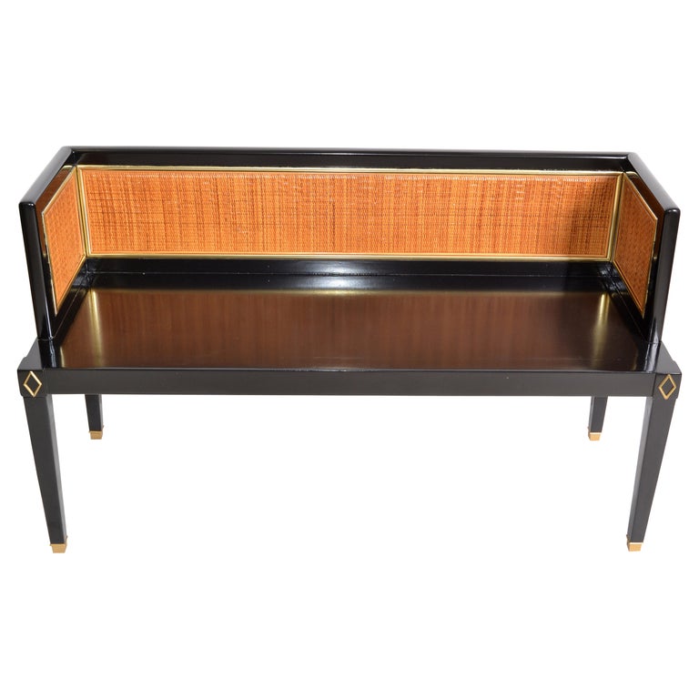 Black Lacquered Wood, Brass and Cane Seating Bench Mid-Century Modern ...