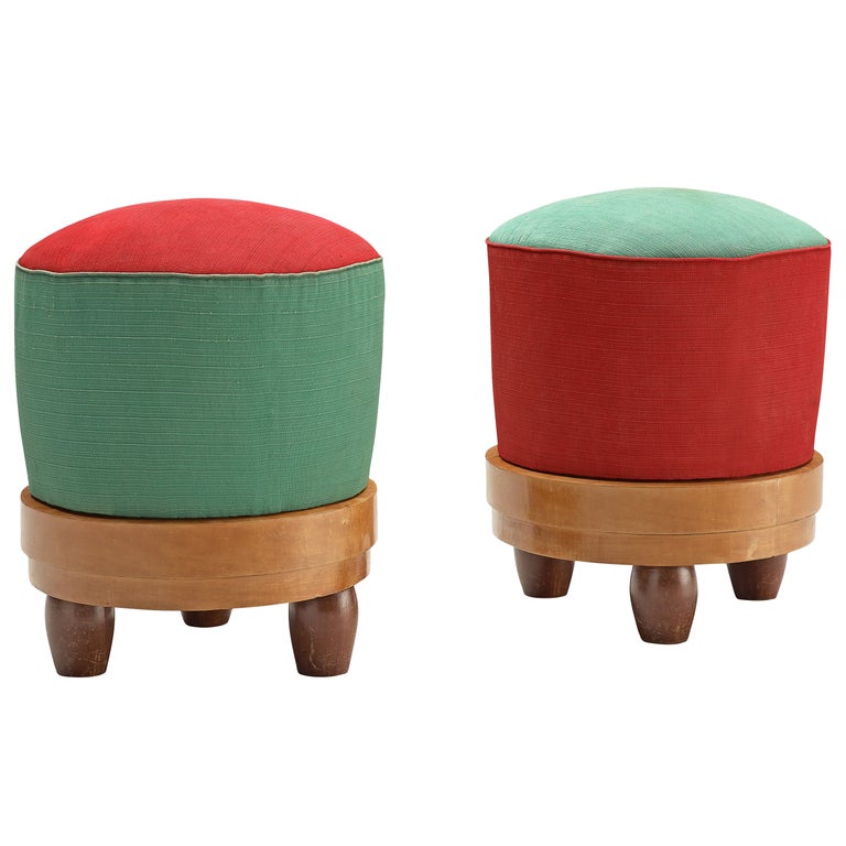 Pair of Colorful Poufs in Green and Red Fabric For Sale at 1stDibs