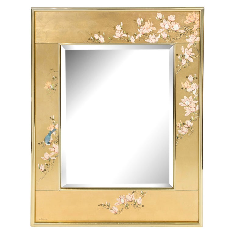 Artisan Reverse Painted Mirror in Gold Leaf with Magnolia Branches 1988 ...