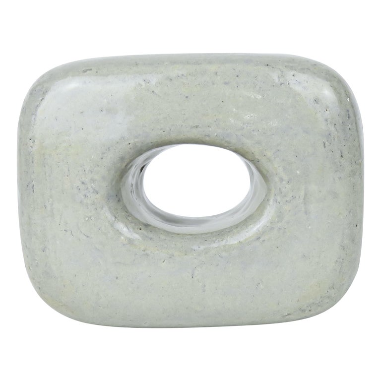 Ceramic Sculpture, Oblong Cube with Oval Opening in Glossy Grey Glaze ...