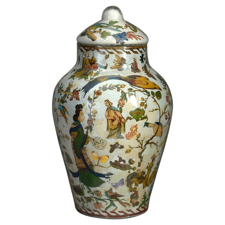 Fine Mid-19th Century Decalcomania Glass Vase and Cover For Sale at 1stDibs