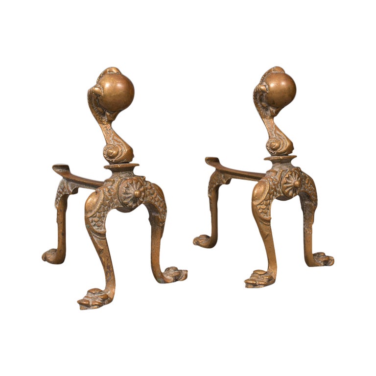 Pair, Antique Decorative Fireside Tool Rests, French, Brass, Andiron ...