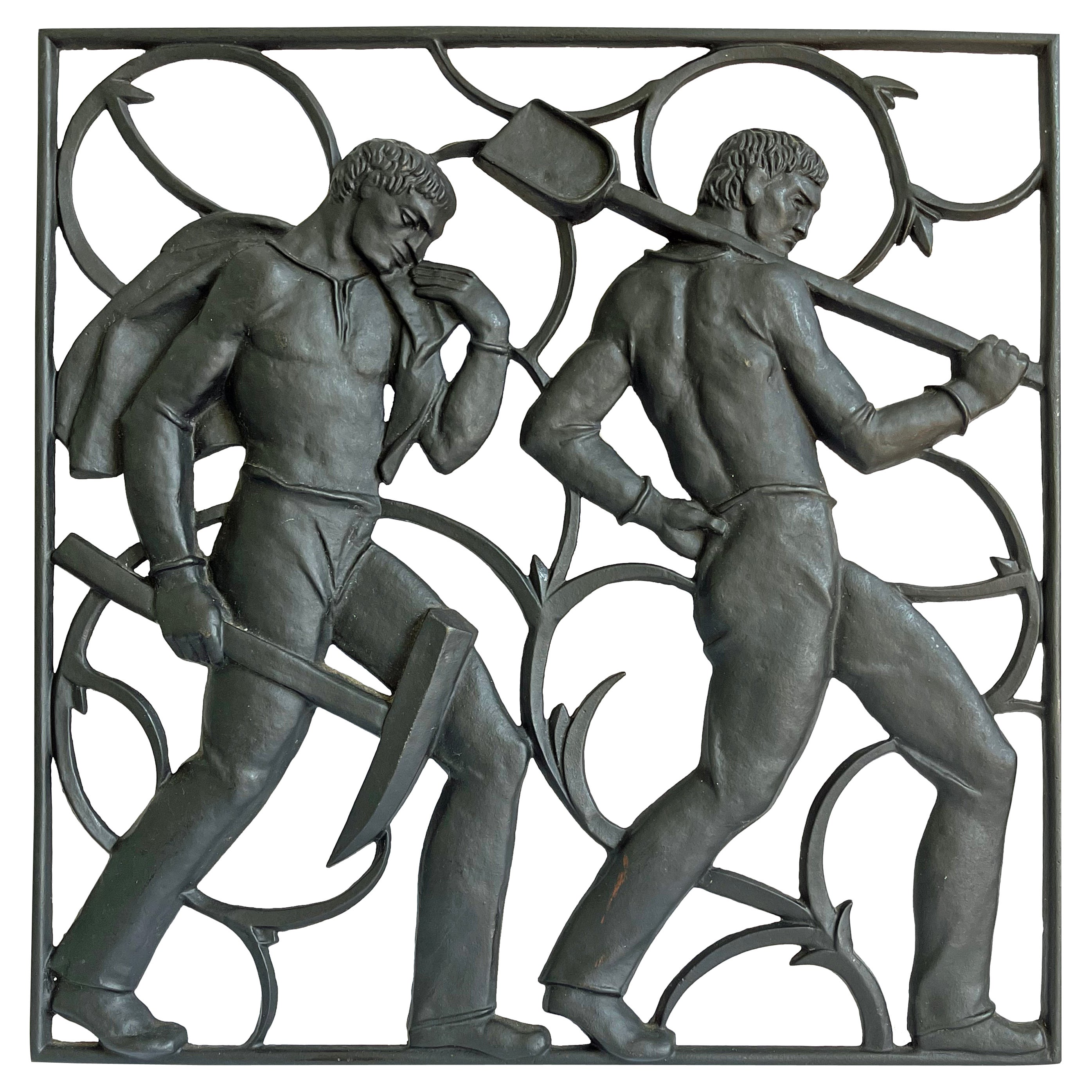 "Returning Miners," Rare Art Deco Panel w/ Shirtless Laborers with Pick ...