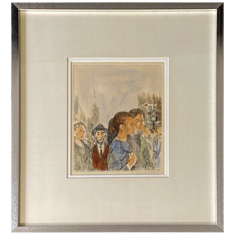 Mid-Century Modern Framed Raphael Soyer People in the Street Signed ...