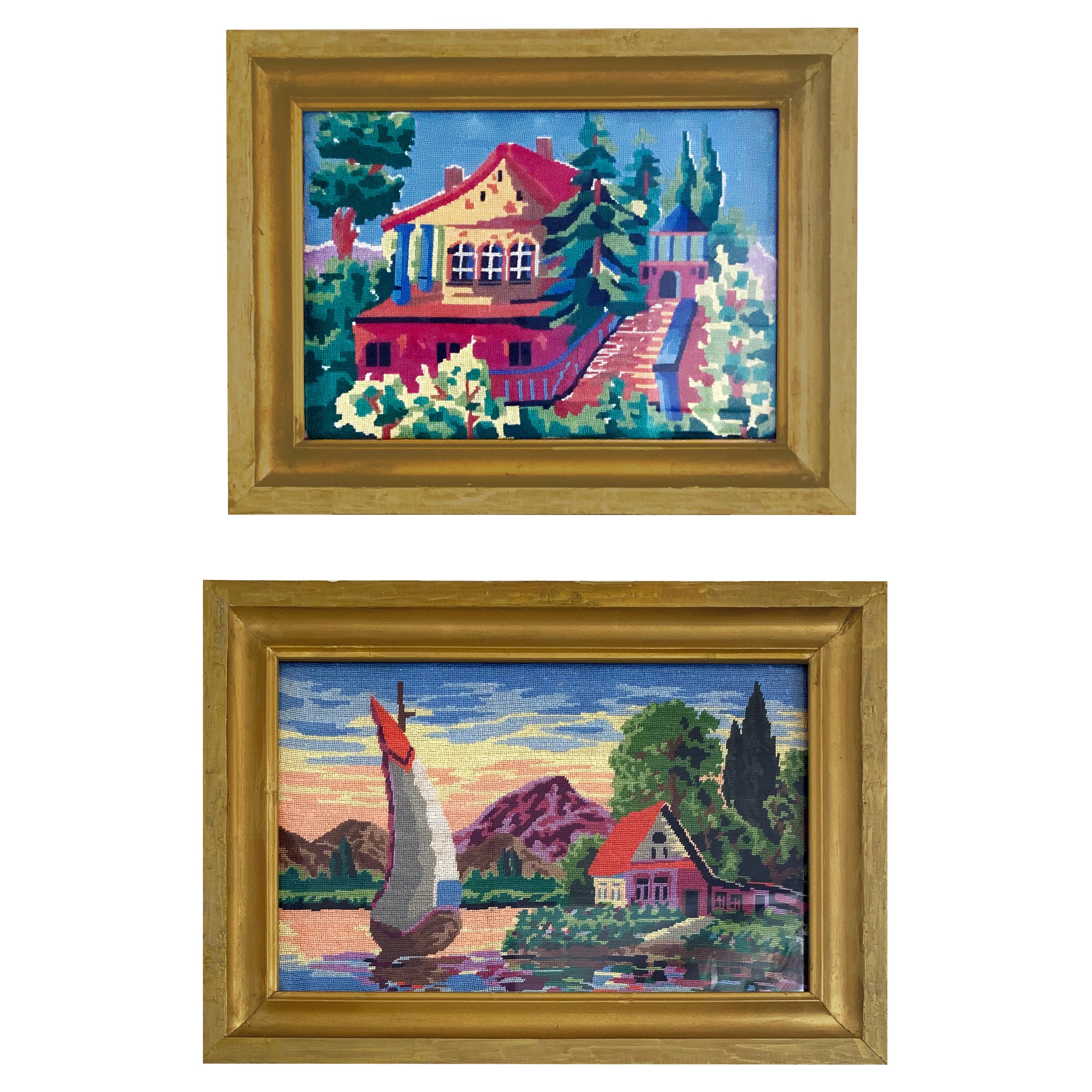 1910s Victorian Figural Needlepoint with a Gold Gilt Wood Frame from ...