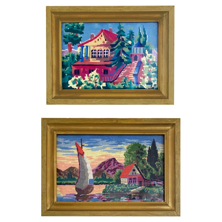 Vintage Gilt-Framed Needlepoint Landscape Artwork, a Pair For Sale at ...