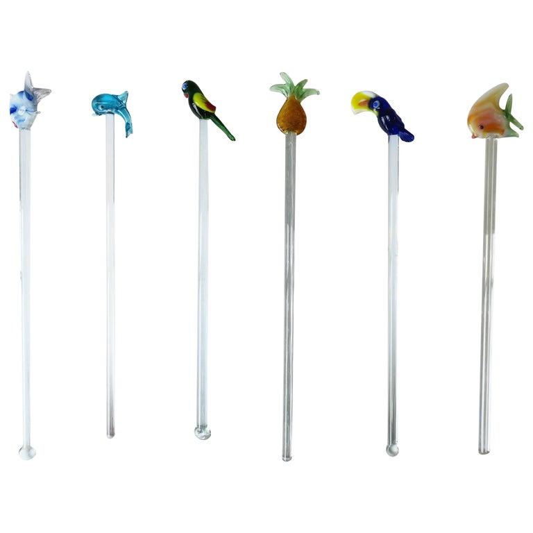 Vintage Barware Art Glass Cocktail Stirrers, Set 6 For Sale at 1stDibs