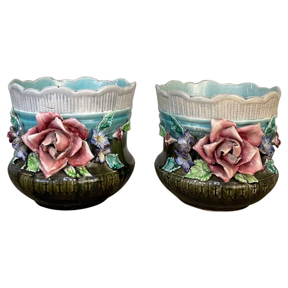 Pair 19th Century French Faience Barbotine Jardinieres, Cachet Pots For ...