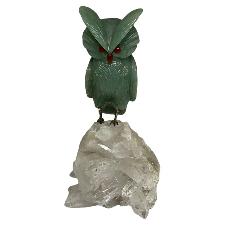 Hand Carved Green Gemstone Owl Sculpture For Sale at 1stDibs