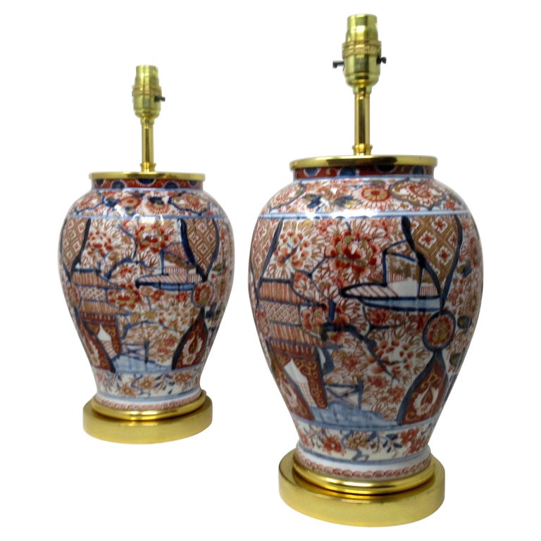 Antique Pair Japanese Chinese Imari Porcelain Ormolu Table Lamps Blue ...