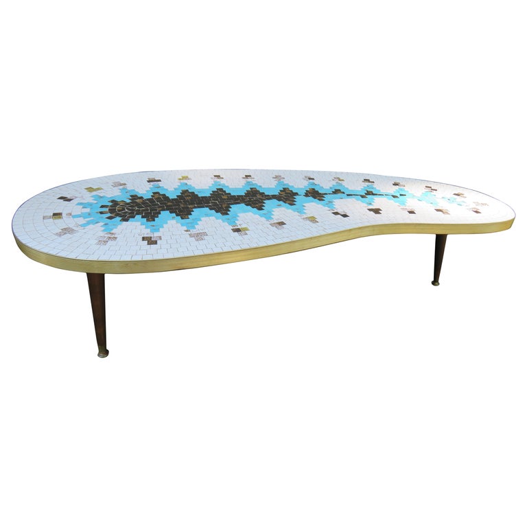 Gorgeous Brass Kidney Shaped Tile Mosaic Top Coffee Table Mid-Century ...