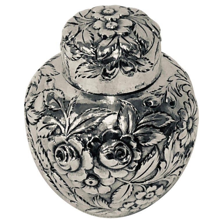Signed S. Kirk Sterling Silver Tea Caddy with Repousse on All Sides and ...