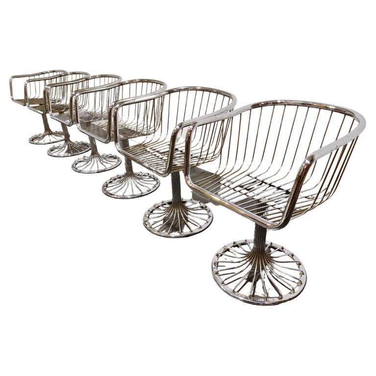Vintage Chrome Wire Swivel Chairs, Set of 6, 1970s For Sale at 1stDibs