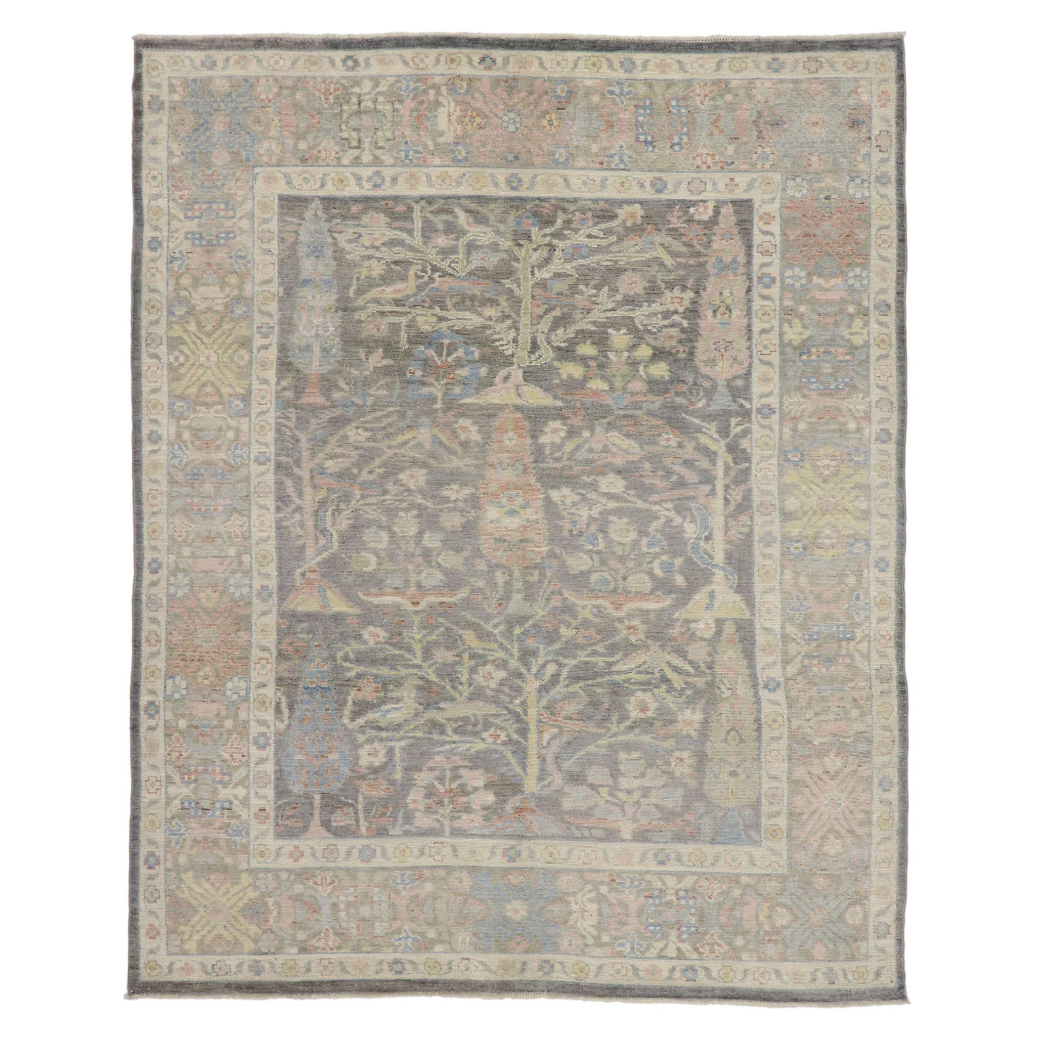 Antique Gordes Tea Green and Pink Wool Rug with Tree of Life Motifs For ...