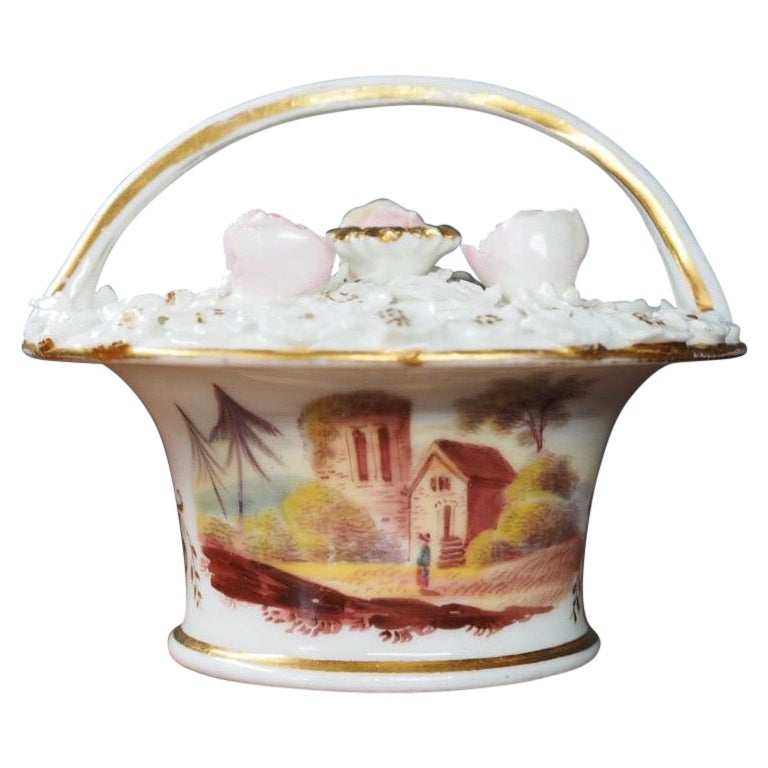 English Porcelain Potpourri Basket with Scenes, c. 1825 For Sale at 1stDibs