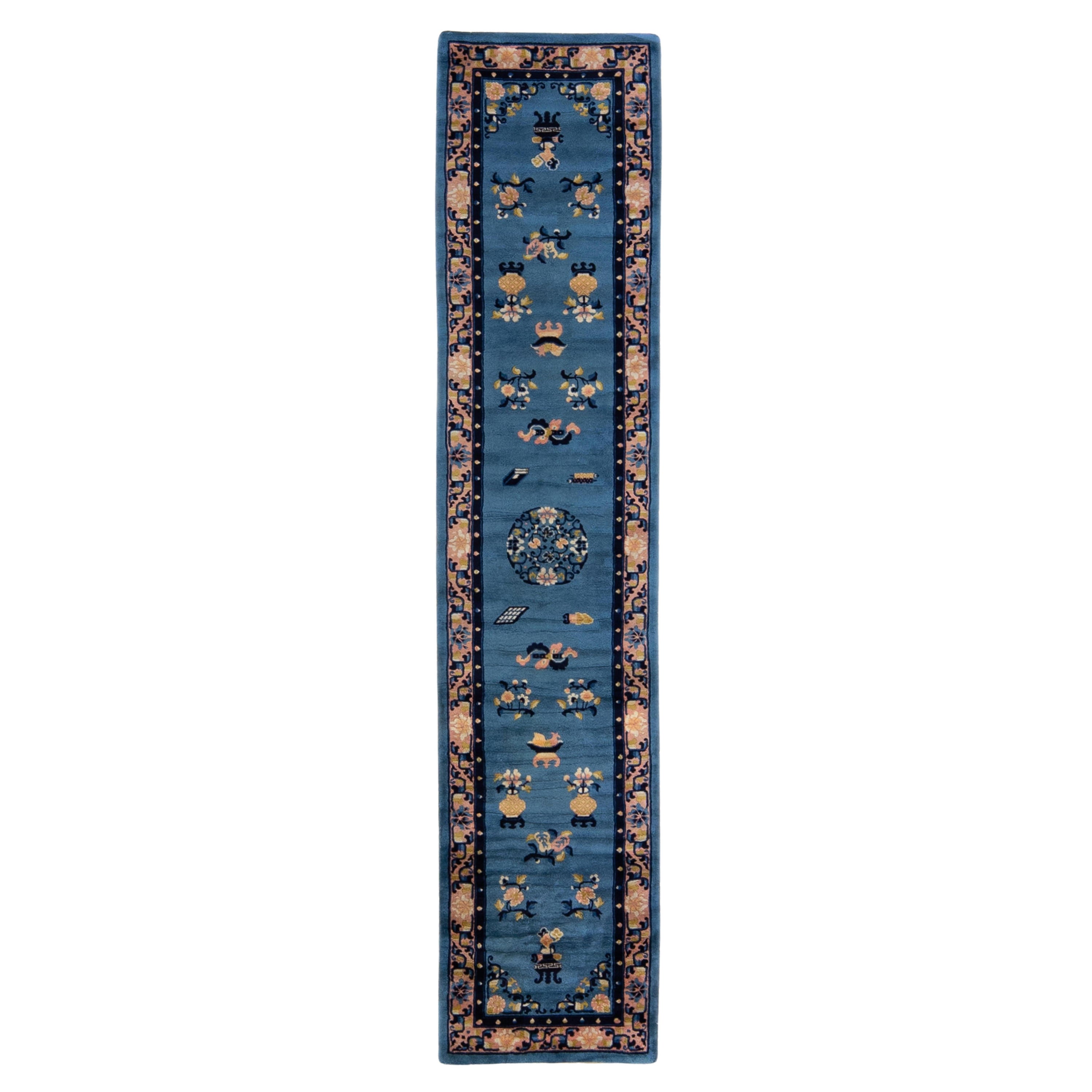Navy Blue Antique Art Deco Handmade Floral Chinese Wool Runner For Sale ...